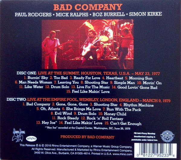 Bad Company : "Live 1977 & 1979" 2 CD digipack édition – Trom'hell